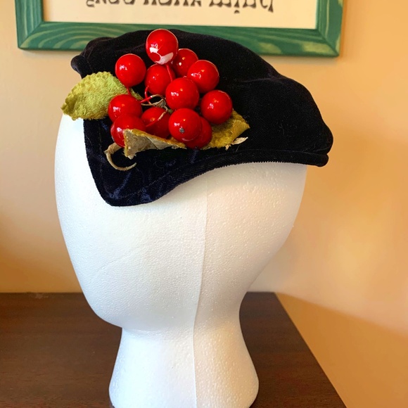 Accessories | Vintage 5s Midnight Blue Velvet Cap With Cherries | Poshmark